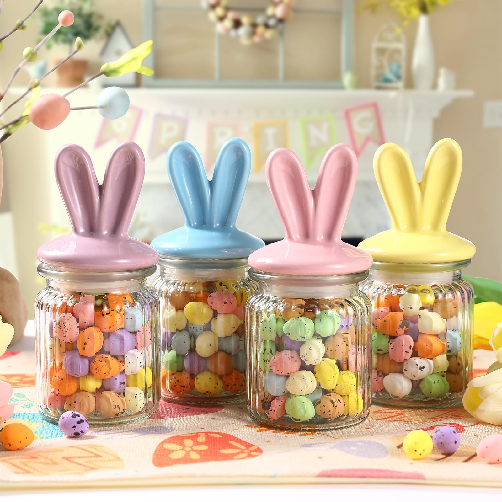 Easter Decorations- 4 PCS Glass Jars with Ceramic Bunny Ear Lid-Easter ...